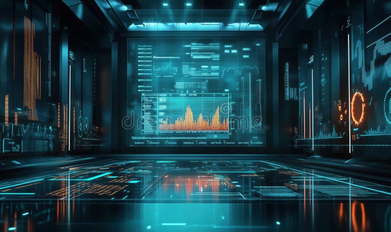 Futuristic Data Visualization Room with Glowing Graphs and Digital ...