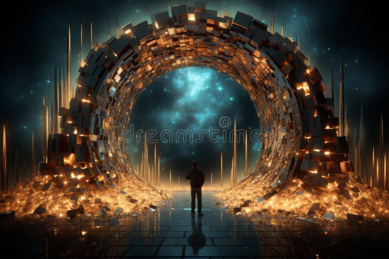 Futuristic Data Wave Emerging through Keyhole on Angled Barrier Wall ...