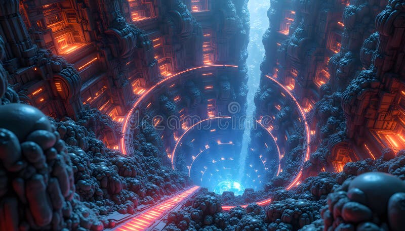 Futuristic Deep Abyss with Glowing Structures and Luminous Water Source ...