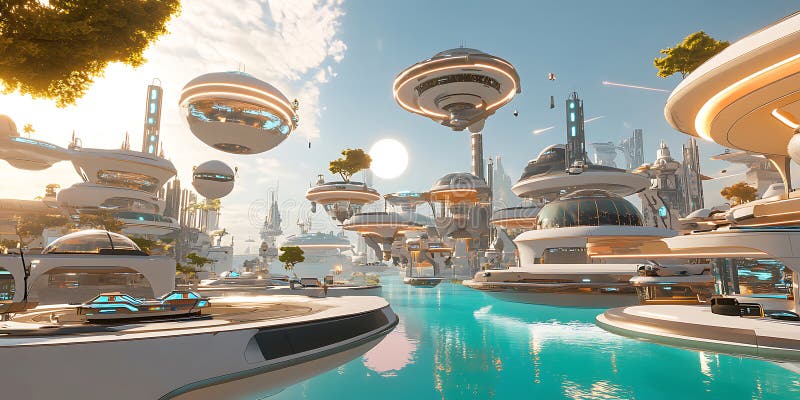Futuristic Deep-Space Metropolis with Floating Cities and Neon Lights ...