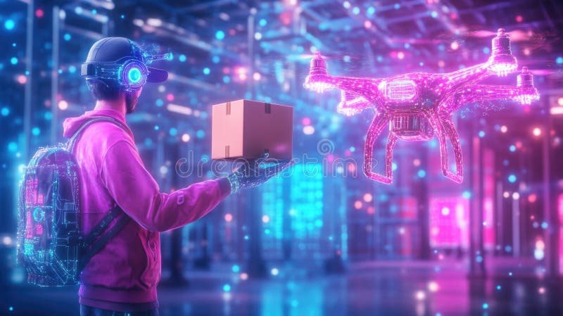 Futuristic Delivery: Caucasian Young Man Using Drone with Package in ...