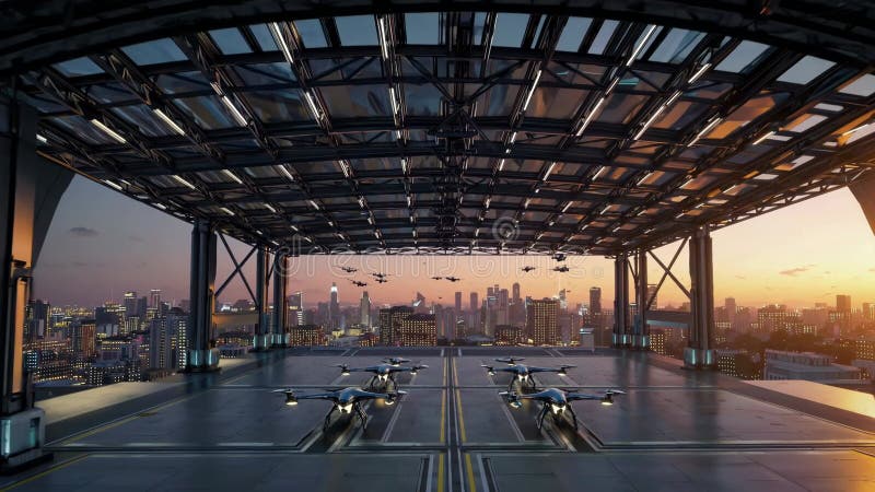 Futuristic Drones Taking Off from Rooftop at Sunset Stock Video - Video ...