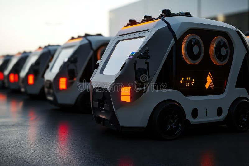 Futuristic Delivery Robots Lined Up at Dusk in an Urban Setting Ready ...