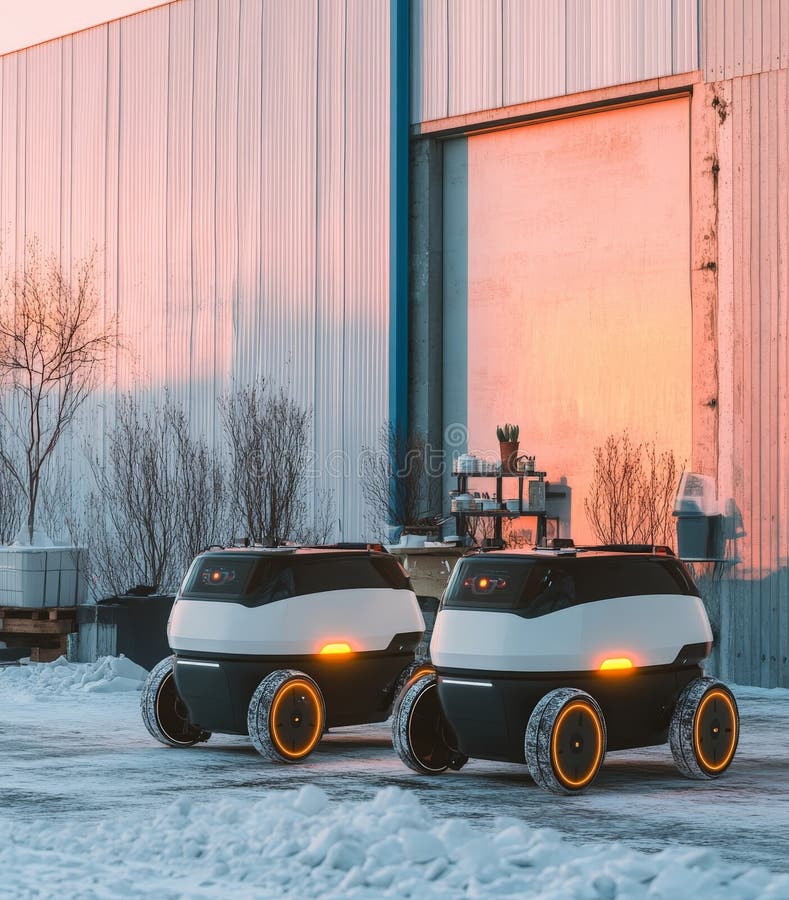 Futuristic Delivery Robots in Wintry Industrial Setting at Sunset Stock ...