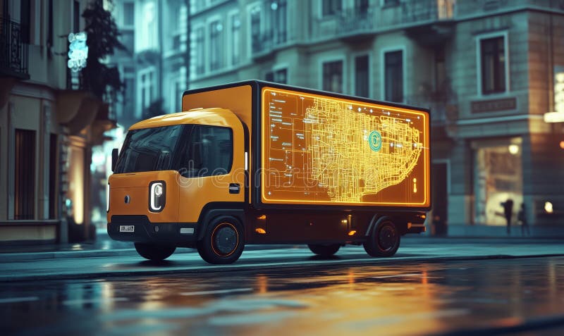 Futuristic Delivery Truck with Digital Map Display, Urban Setting ...
