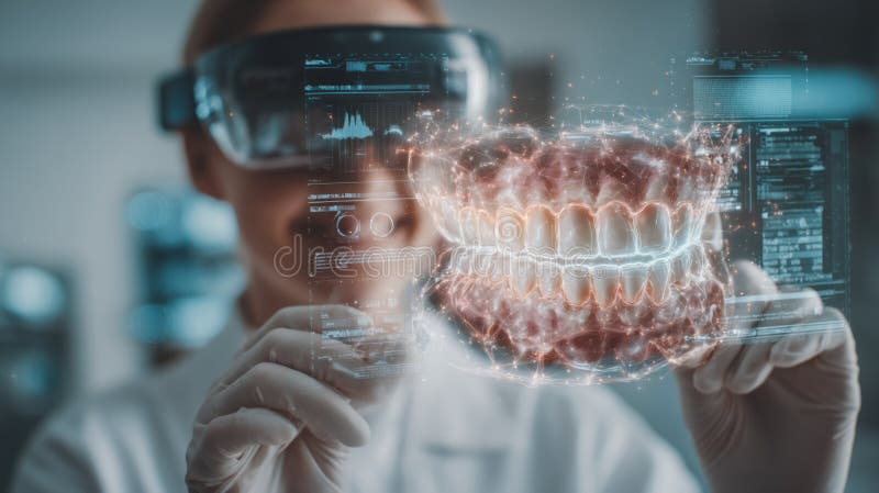 Futuristic Dental Practice, Dentist Viewing 3D Tooth Model in Augmented ...