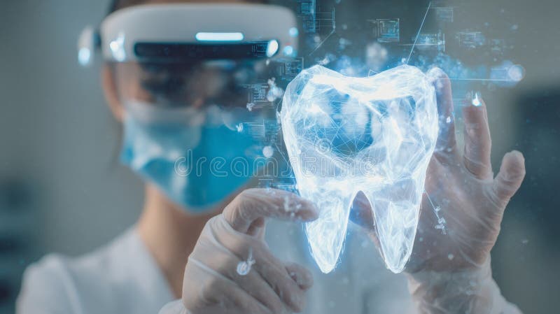 Futuristic Dental Practice, Dentist Viewing 3D Tooth Model in Augmented ...