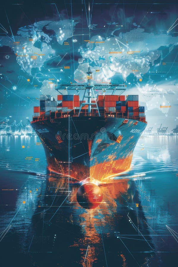 Futuristic Depiction of a Cargo Ship Navigating Globally with Digital ...