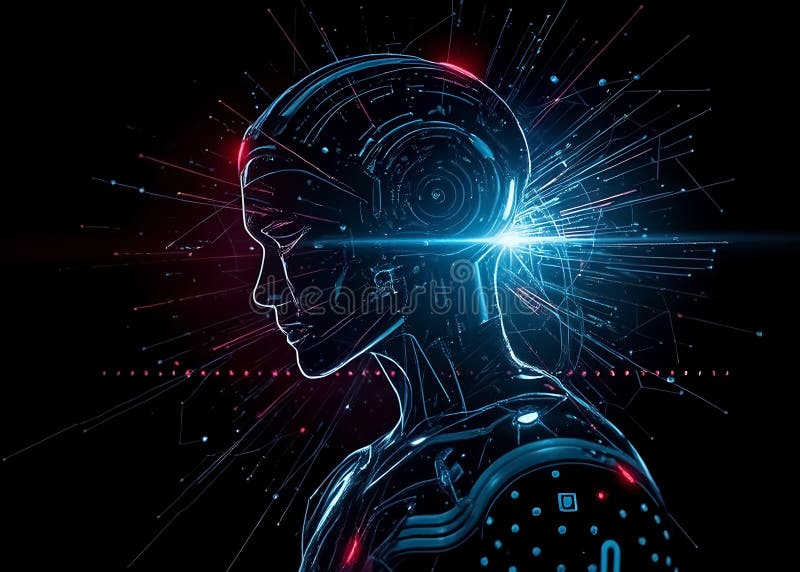 A Futuristic Depiction of a Cyborg Head in Profile with a Bright Blue ...