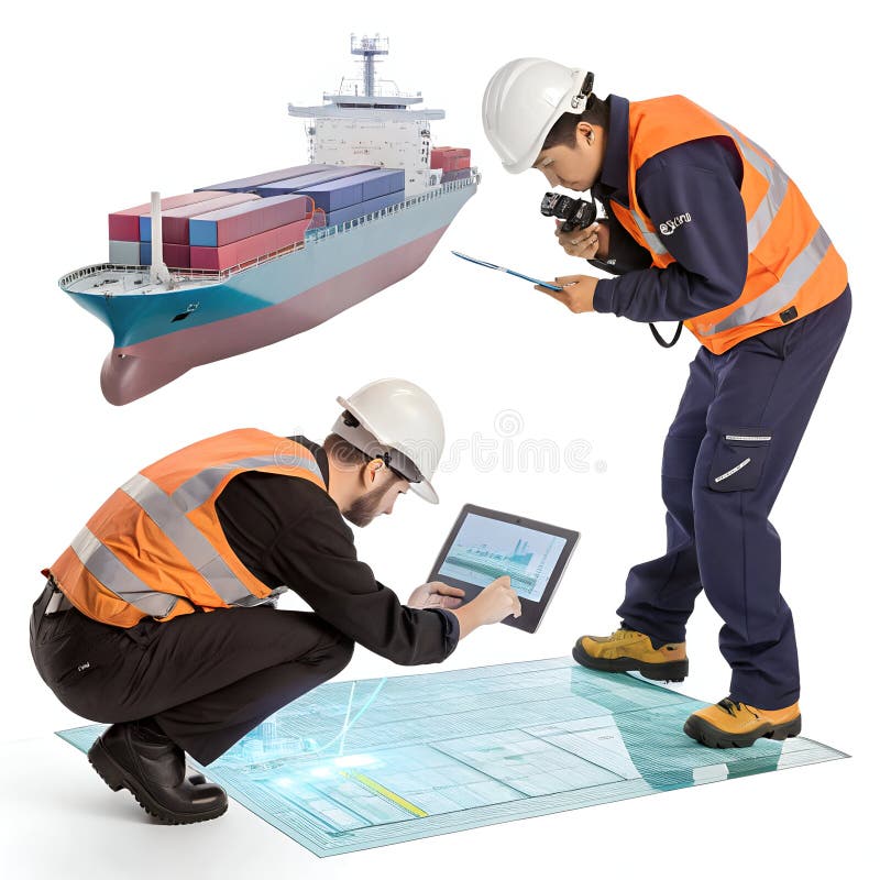 Engineers Using Hologram Map of Cargo Ship Isolated on White Stock ...