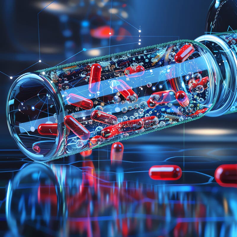 Futuristic Depiction of Red Capsules in a Transparent Container on a ...