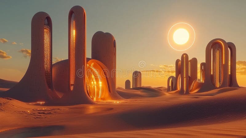 Futuristic Desert Architecture at Sunset with Unique Structures and ...