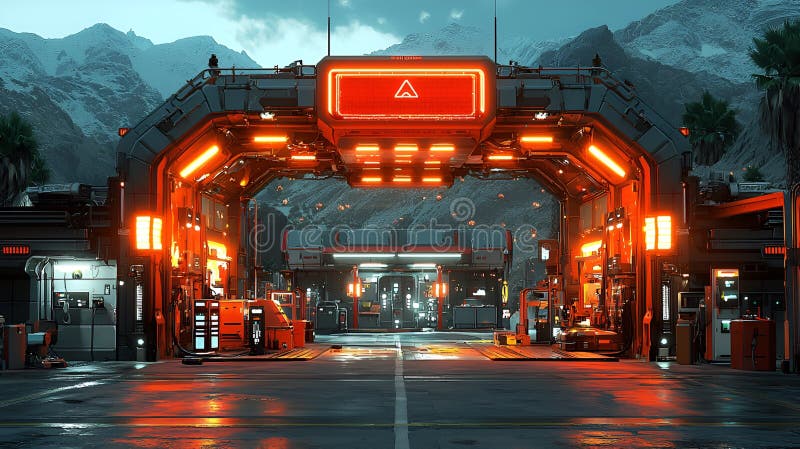 Futuristic Desert Fuel Station, Warning Sign, Mountain Backdrop, Sci-fi ...