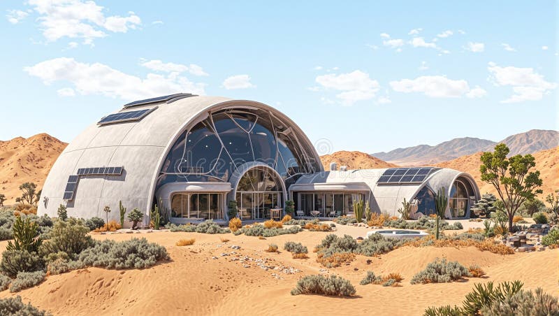 Futuristic Desert House with Solar Panels Garden Oasis Stock ...