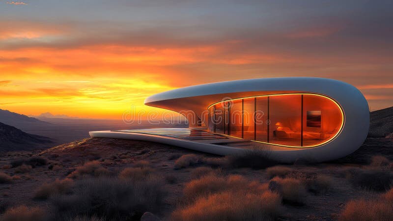 Futuristic Desert House at Sunset: Modern Architecture with Curved ...