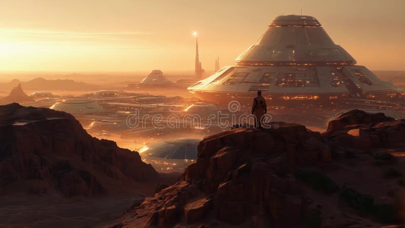Futuristic Desert Landscape with Advanced Structures at Sunset Stock ...