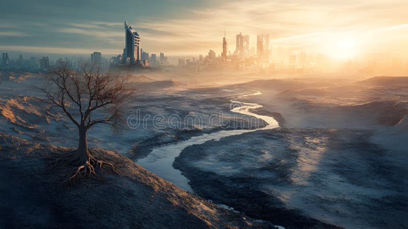 A Futuristic Desert Landscape with a Lone Tree and a Distant City ...