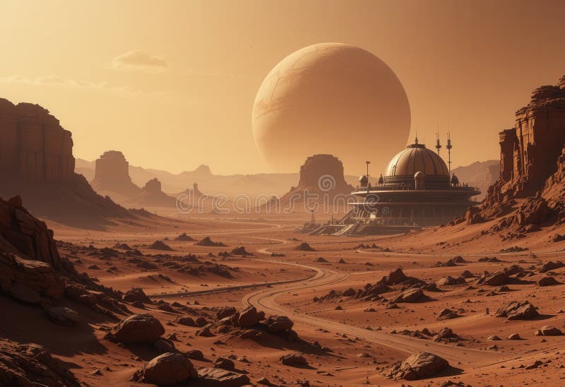Futuristic Desert Landscape with a Massive Planet and a Dome Structure ...