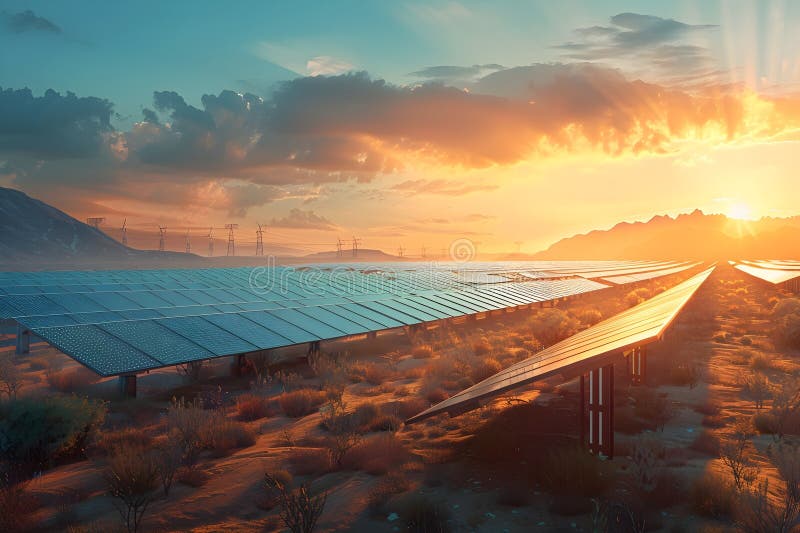 A Futuristic Desert Landscape, with Rows of Advanced Solar Panels Stock ...
