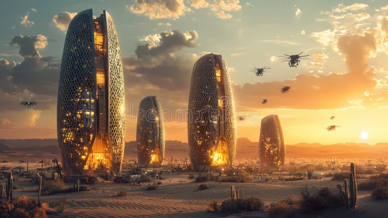 Futuristic Desert Metropolis: Drone Surveillance at Sunset Stock ...
