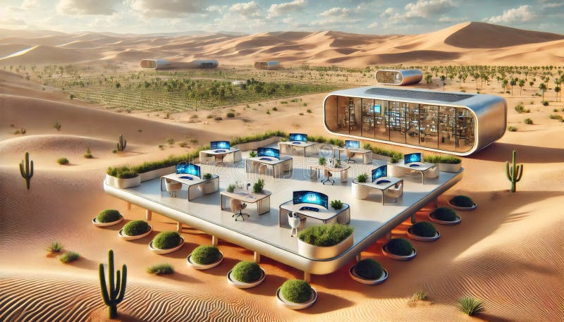 Futuristic Desert Oasis Office Embracing Ai and Solar Technology Stock ...