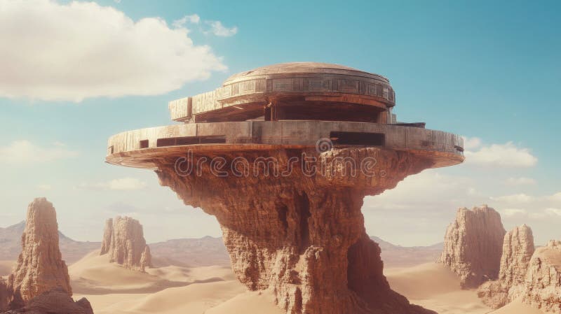 Futuristic Desert Structure on Elevated Rock Formation Stock ...