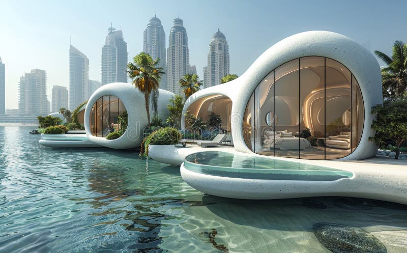 The Futuristic Design of the Hotel with Pool on the Water Against the ...