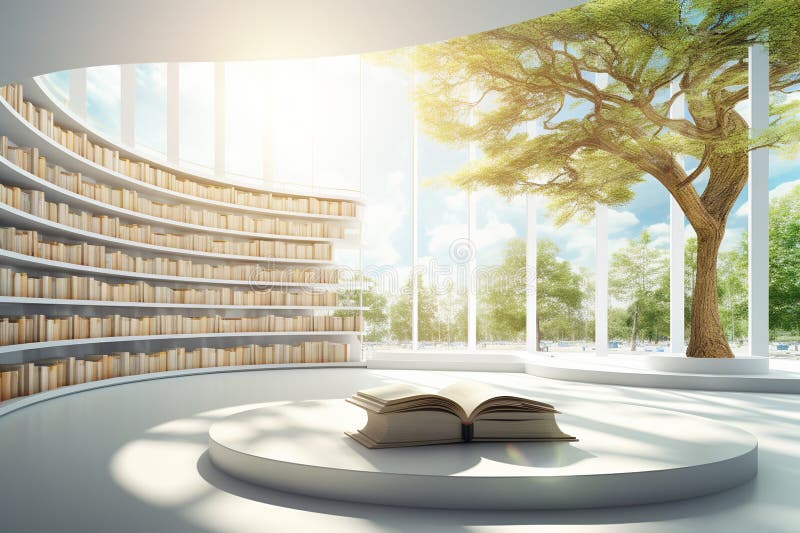 Futuristic Design of a Large Library Hall with a Tree and a Large ...