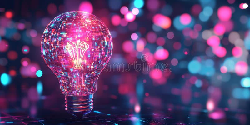A Futuristic Design with a Lightbulb Made of Neon-colored, Digital ...