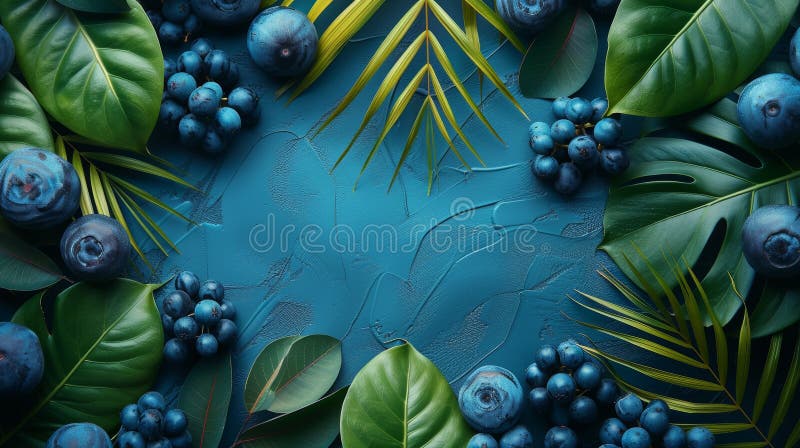 Futuristic Design with Natural Elements Blueberries and Green Leaves on ...