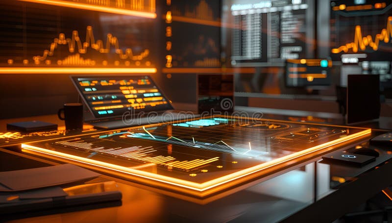 Futuristic Desk with Glowing Devices Displaying Stock Charts and Data ...
