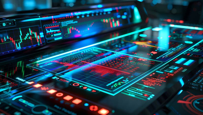 Futuristic Desk with Glowing Devices Displaying Stock Charts and Data ...