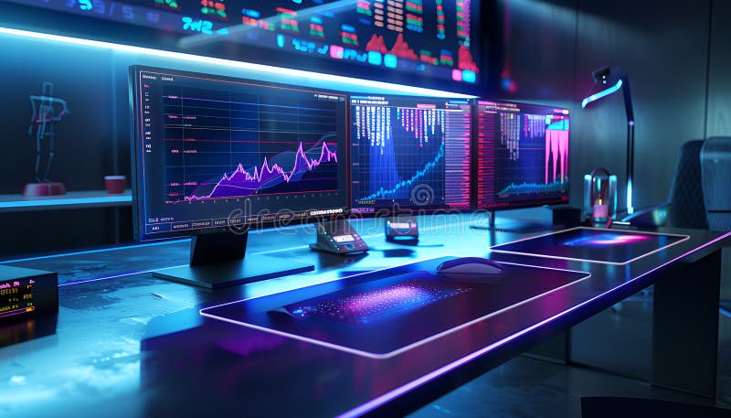 Futuristic Desk with Glowing Devices Displaying Stock Charts and Data ...