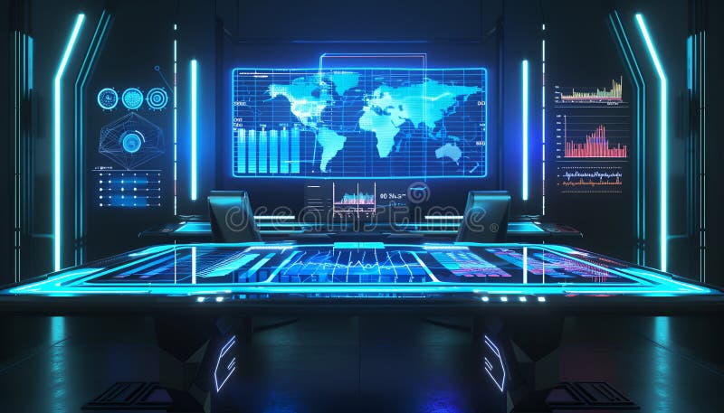 Futuristic Desk with Glowing Devices Displaying Stock Charts and Data ...