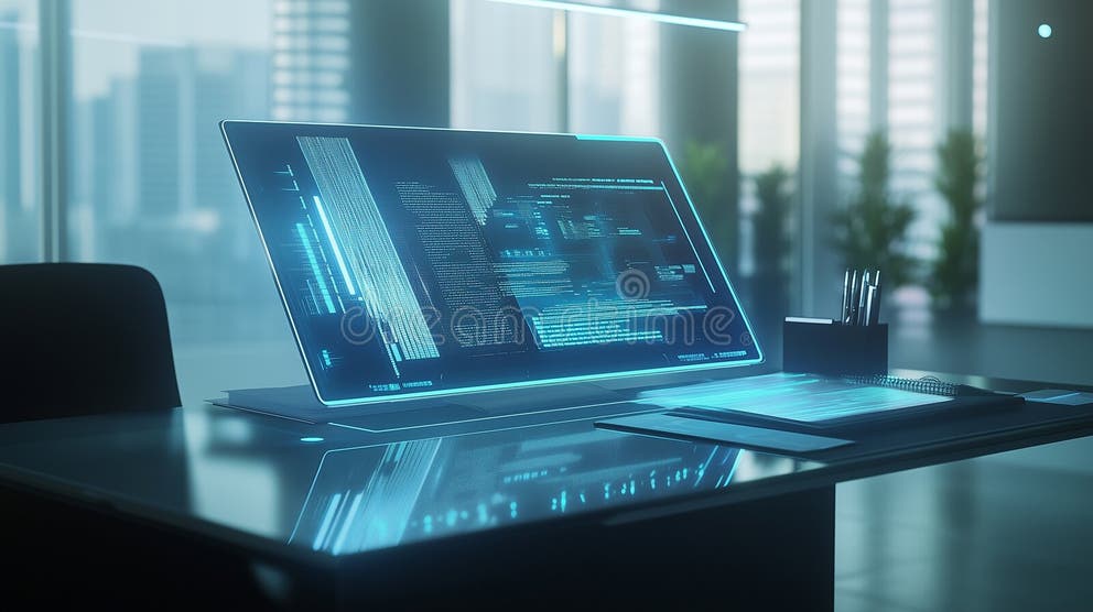 Futuristic Office Desk with Glowing Screen and Modern Office Background ...