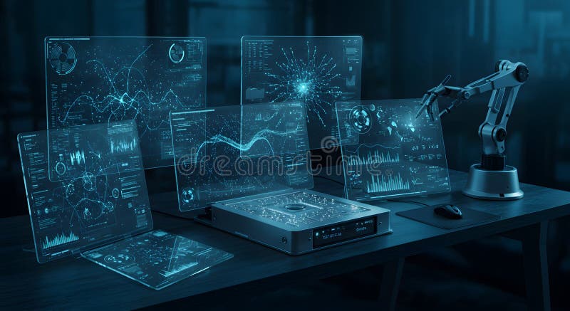 A Futuristic Desk with Multiple Transparent Screens, Quantum Computing ...