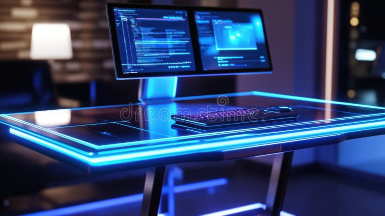 Futuristic Desk Setup with Dual Monitors Displaying Code and Data in Dark Room Stock Photo ...