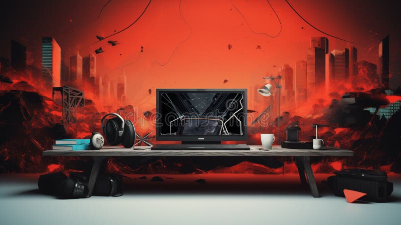 Futuristic Desk Setup with Modern Devices Against a Dynamic Urban ...