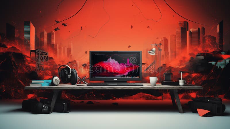 Futuristic Desk Setup with Modern Devices Against a Dynamic Urban ...