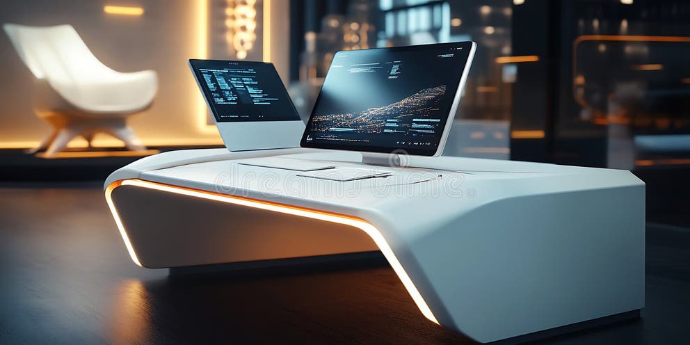 Futuristic Desk Setup Tech Design Background Wallpaper Stock ...