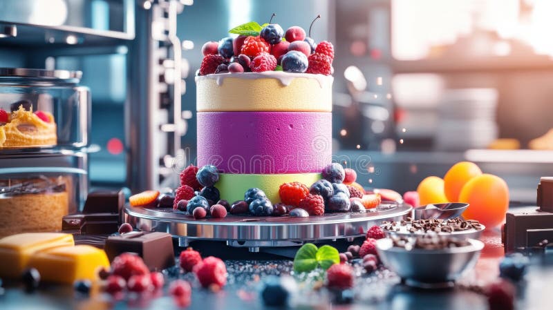 Futuristic Dessert Creation in a High Tech Kitchen with Vibrant Layers ...