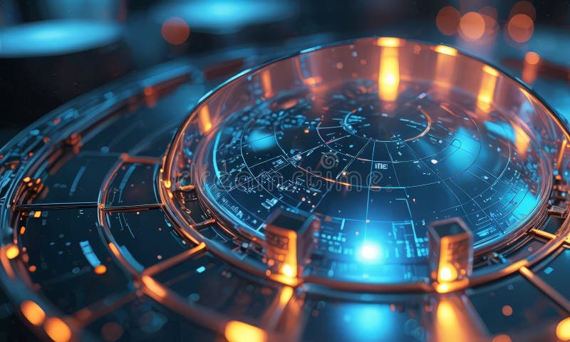 Futuristic Device with Circular, Illuminated Interface and Glowing Blue ...