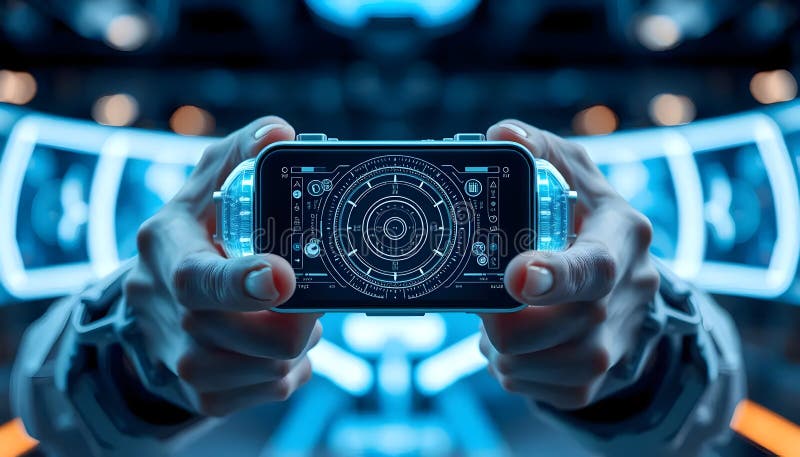 A Futuristic Device Displays Data Inside a Blue Illuminated Environment ...