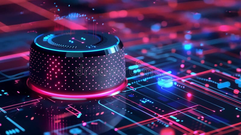 Futuristic Device Controlling Glowing Circuit Board with Data Flow ...