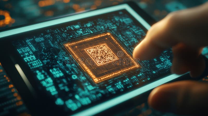 Technician Using Futuristic Device Scanning Qr Code with His Finger for ...