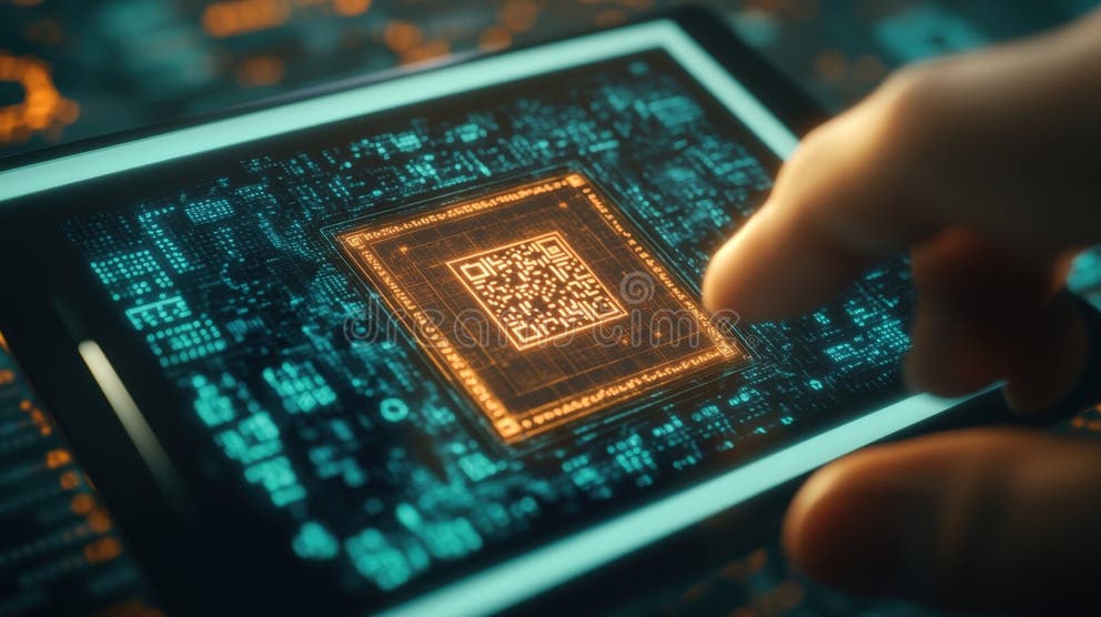 Technician Using Futuristic Device Scanning Qr Code with His Finger for ...