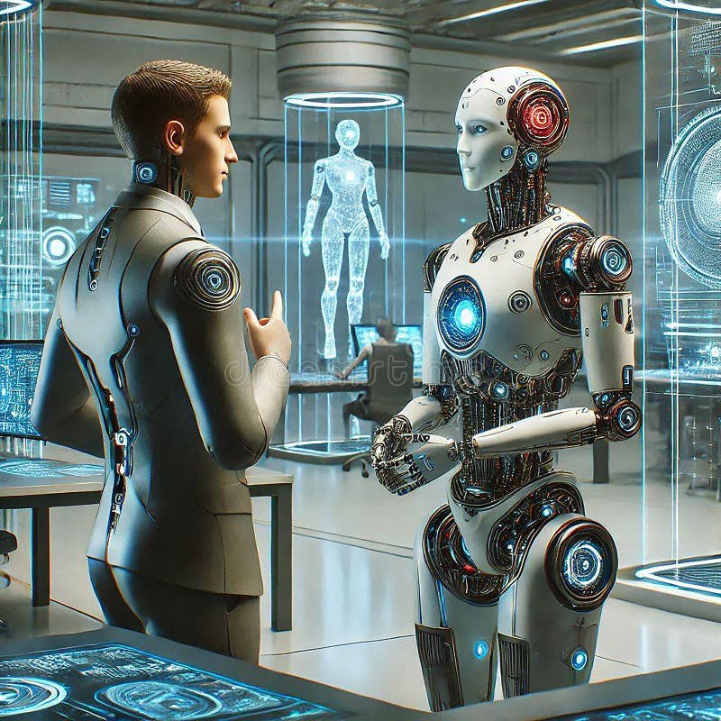 Futuristic Dialogue Humanoid Robot and High Tech Human in Minimalistic ...