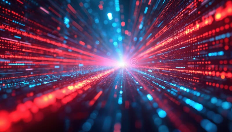 Futuristic Digital Abstract Background with Data Streams, Binary Code, Dynamic Red Light Rays ...