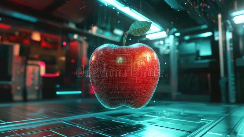 Futuristic Digital Apple in Neon Sci-fi Environment with Glowing Lights ...