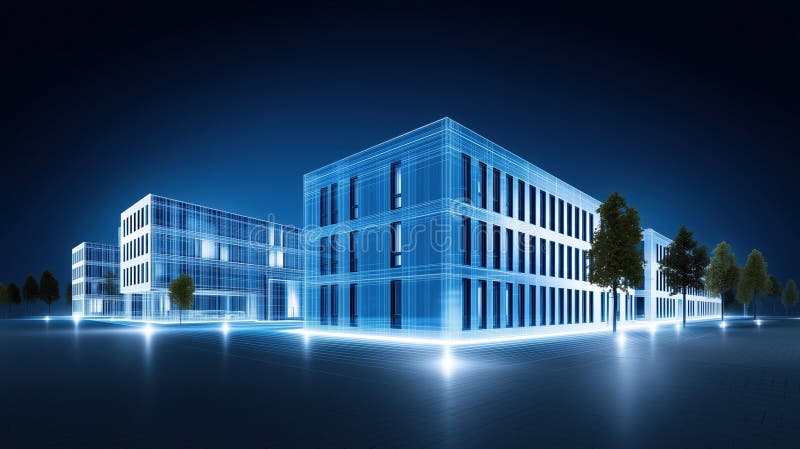 Futuristic Digital Architectural Building Visualization. Blue ...